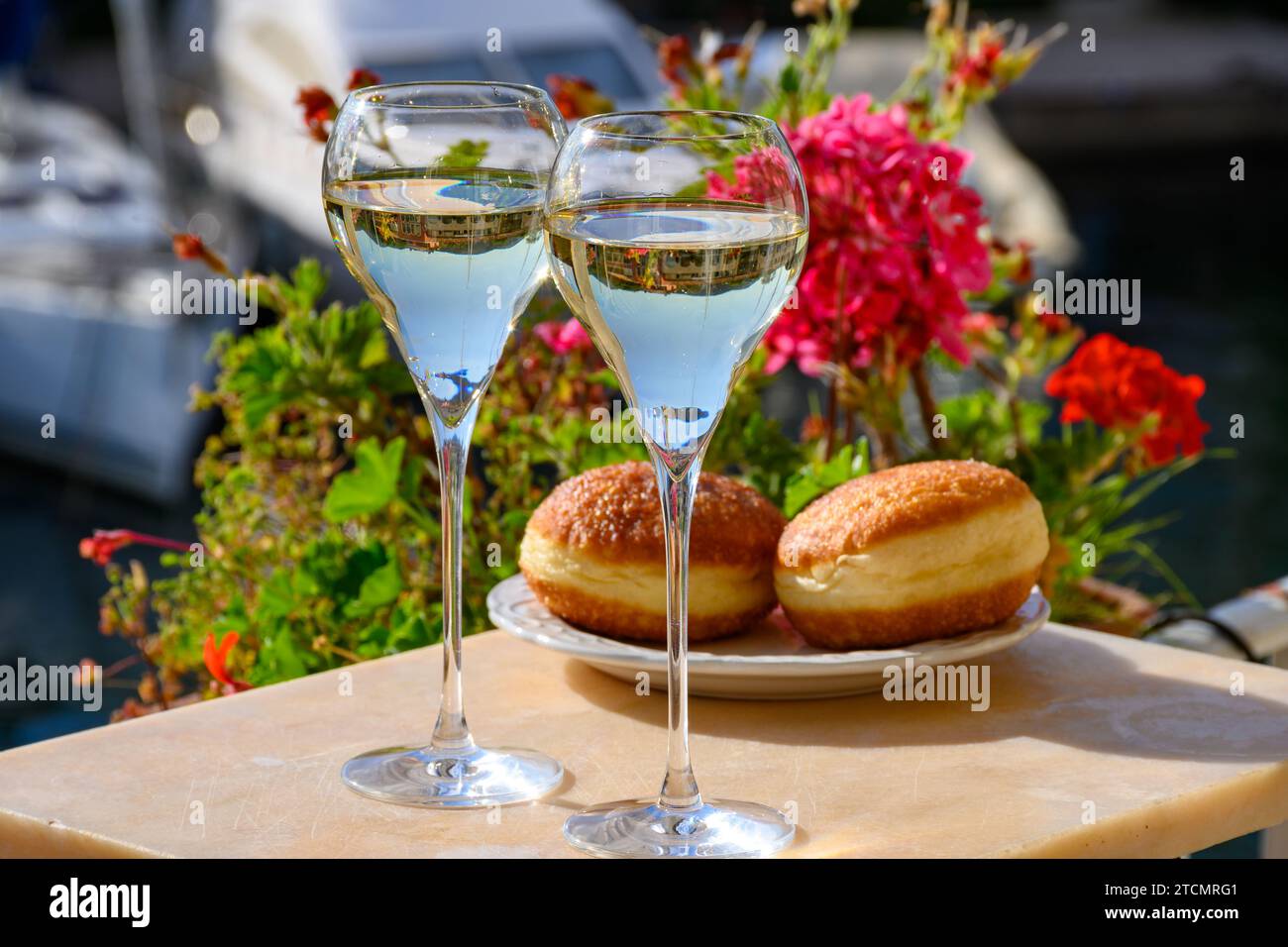 Drinking of French brut champagne sparkling wine with sweet apple ...