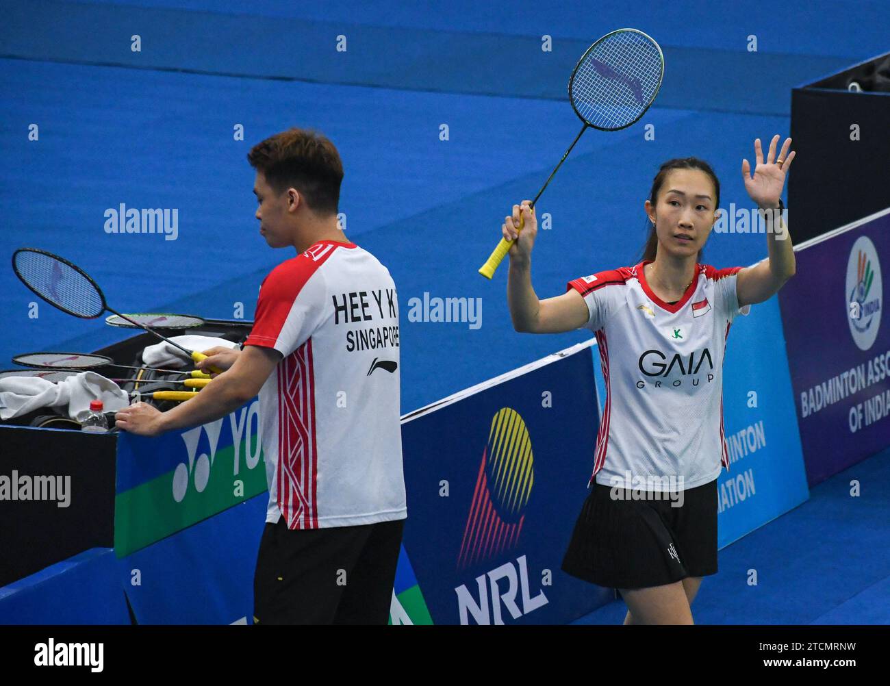 Terry Hee Yong Kai and Jessica Tan Wei Han of Singapore waves to the ...