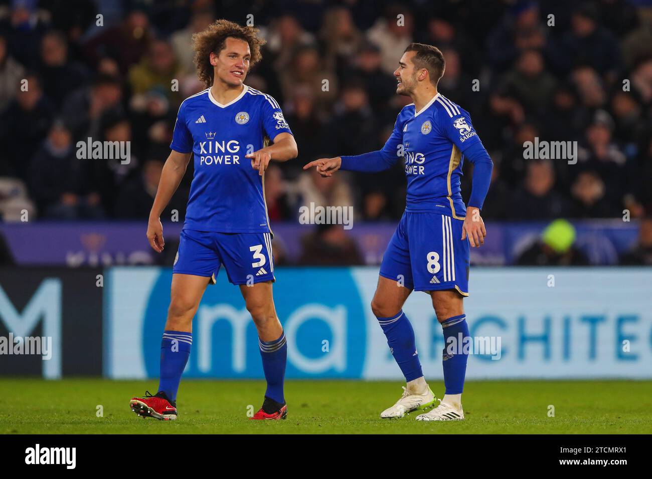 Harry Winks #8 of Leicester City gives Wout Faes #3 instructions during ...