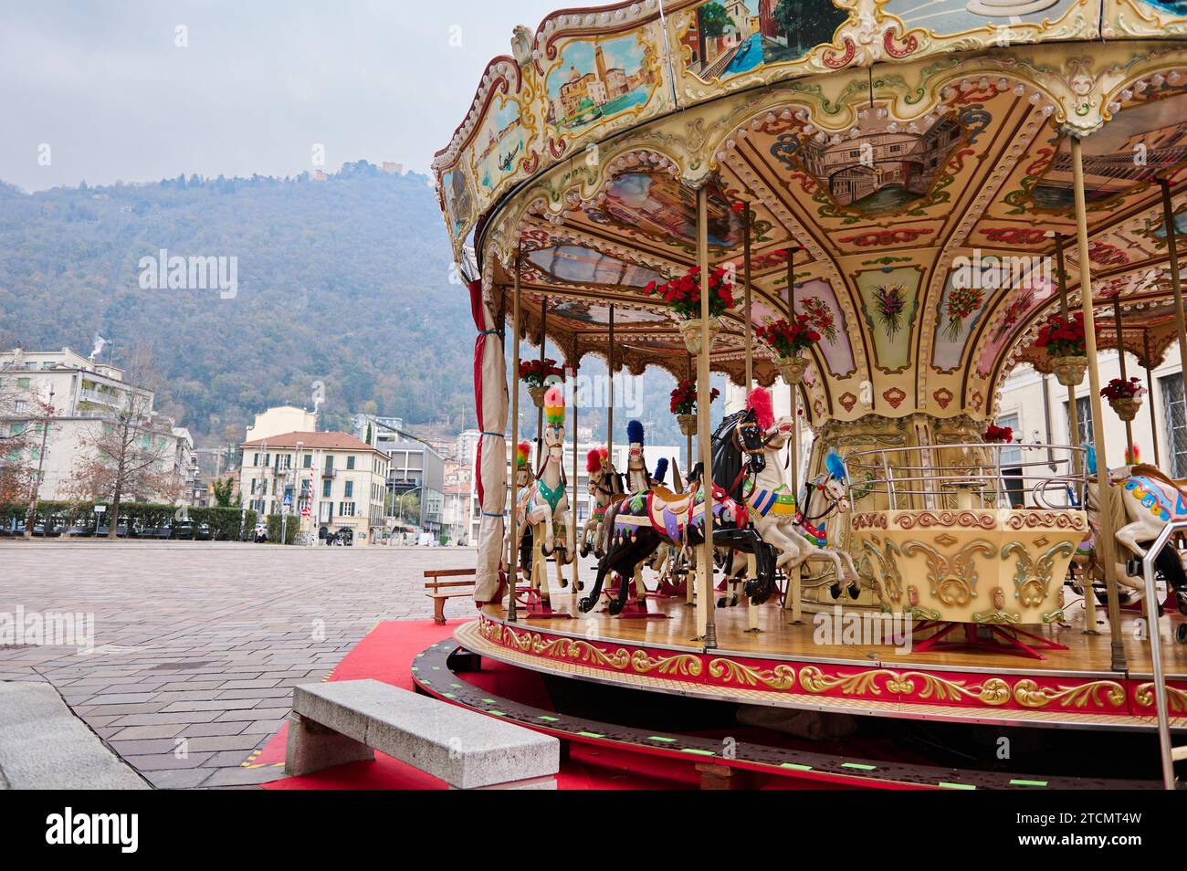 A merry go round, Victorian carousel in the Christmas fairground in ...