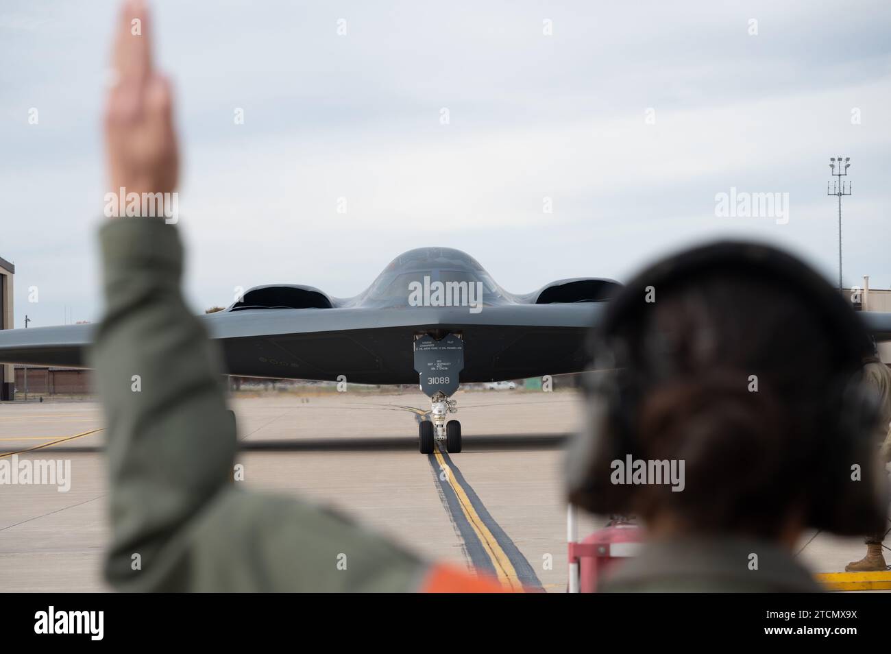 A U.S. Air Force B-2 Spirit stealth bomber is taxied on the flightline ...