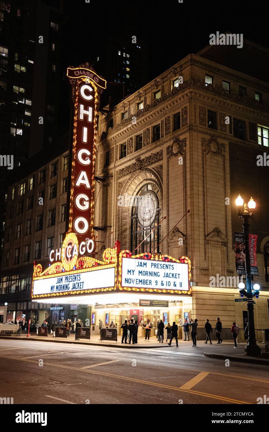 An illuminated marquee of a Broadway theatre in the evening in Chicago ...