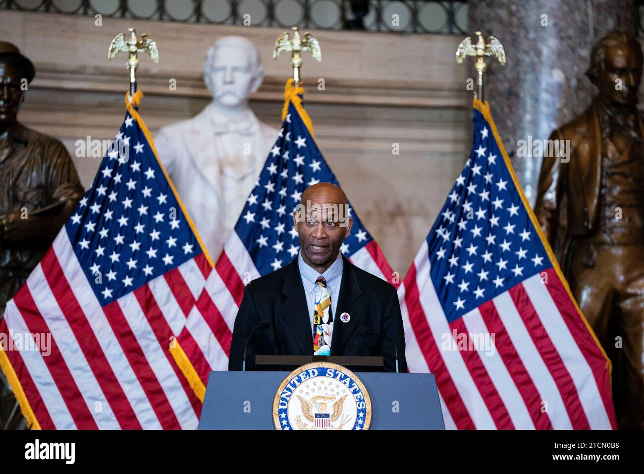 Washington, United States. 13th Dec, 2023. Larry Doby Jr. speaks during ...