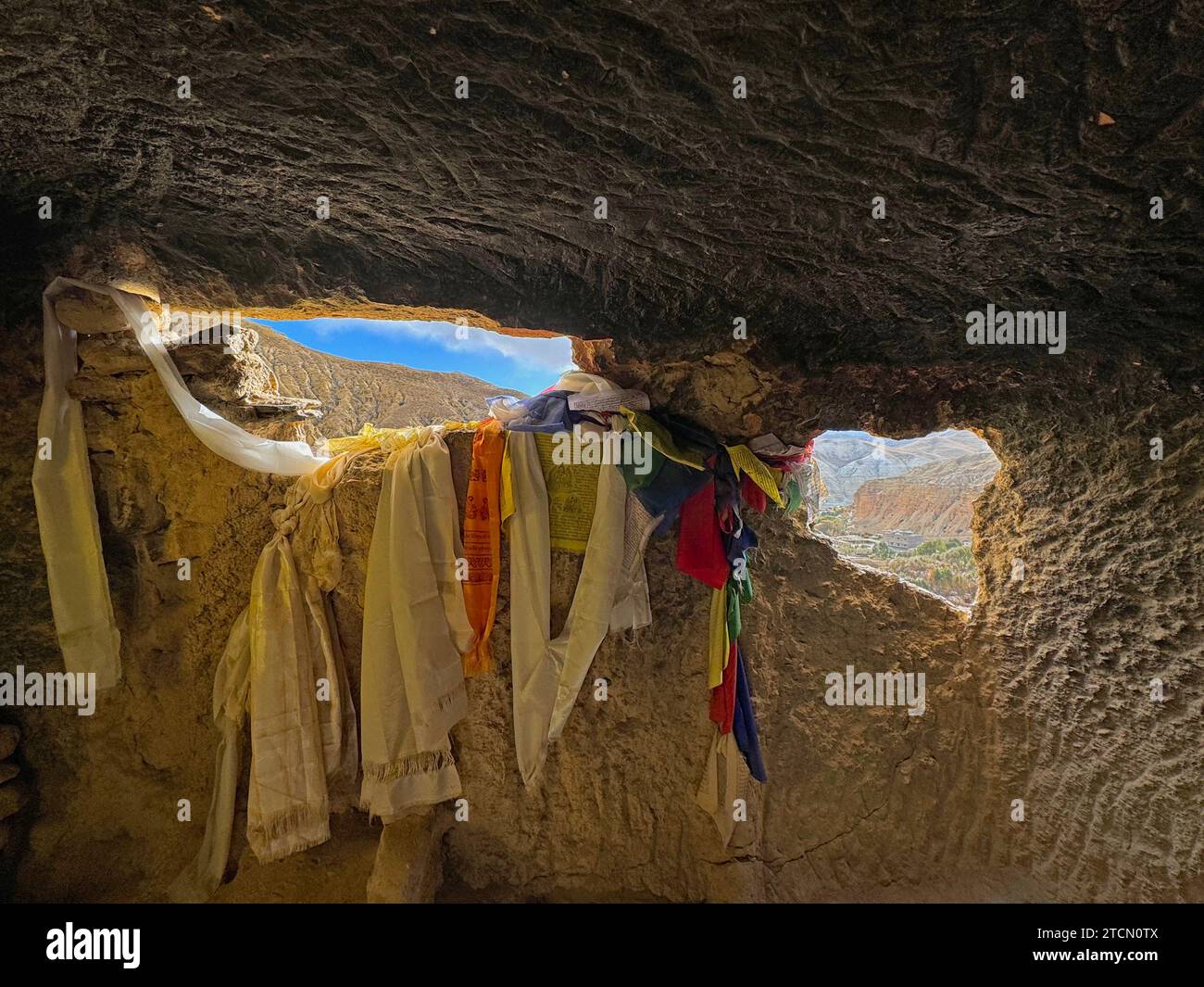 Prayer flags in the caves near Sam Dzong village - Mustang District ...