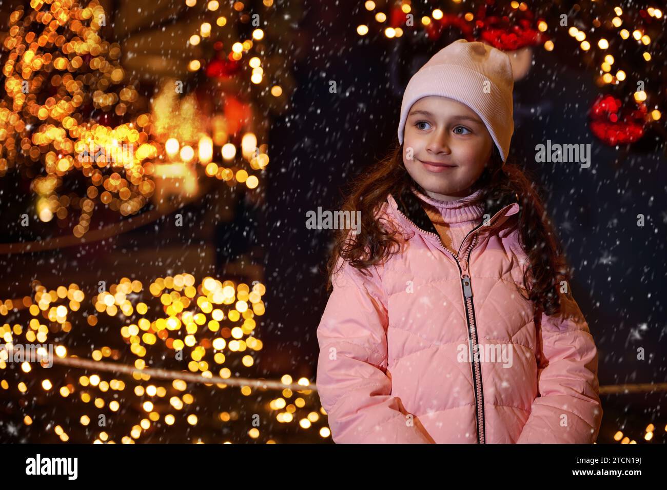 Confident portrait of adorable little kid girl smiling dreamily looking ...