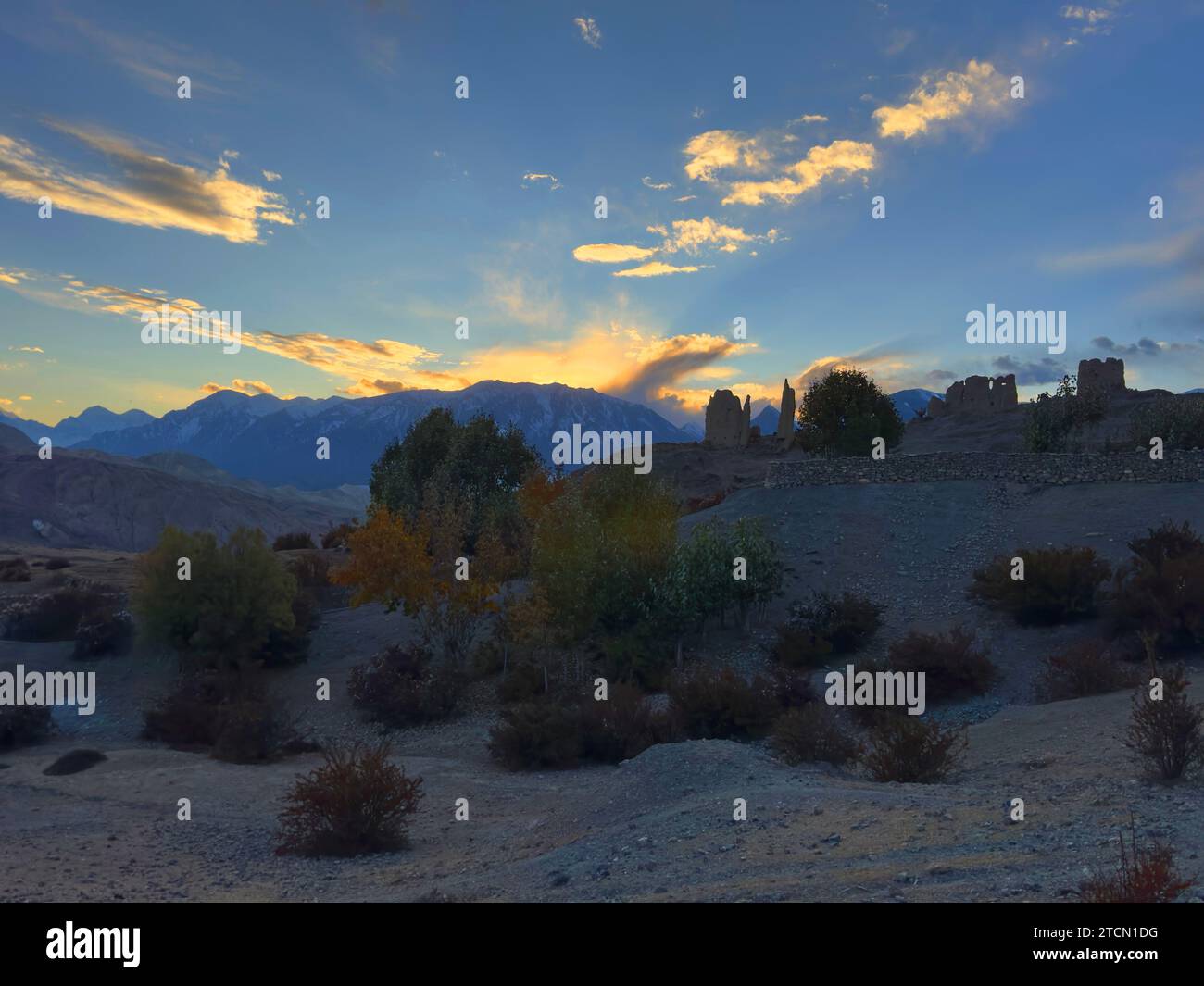 Sunset over ancient ruins near Yara vilage located in a remote valley ...