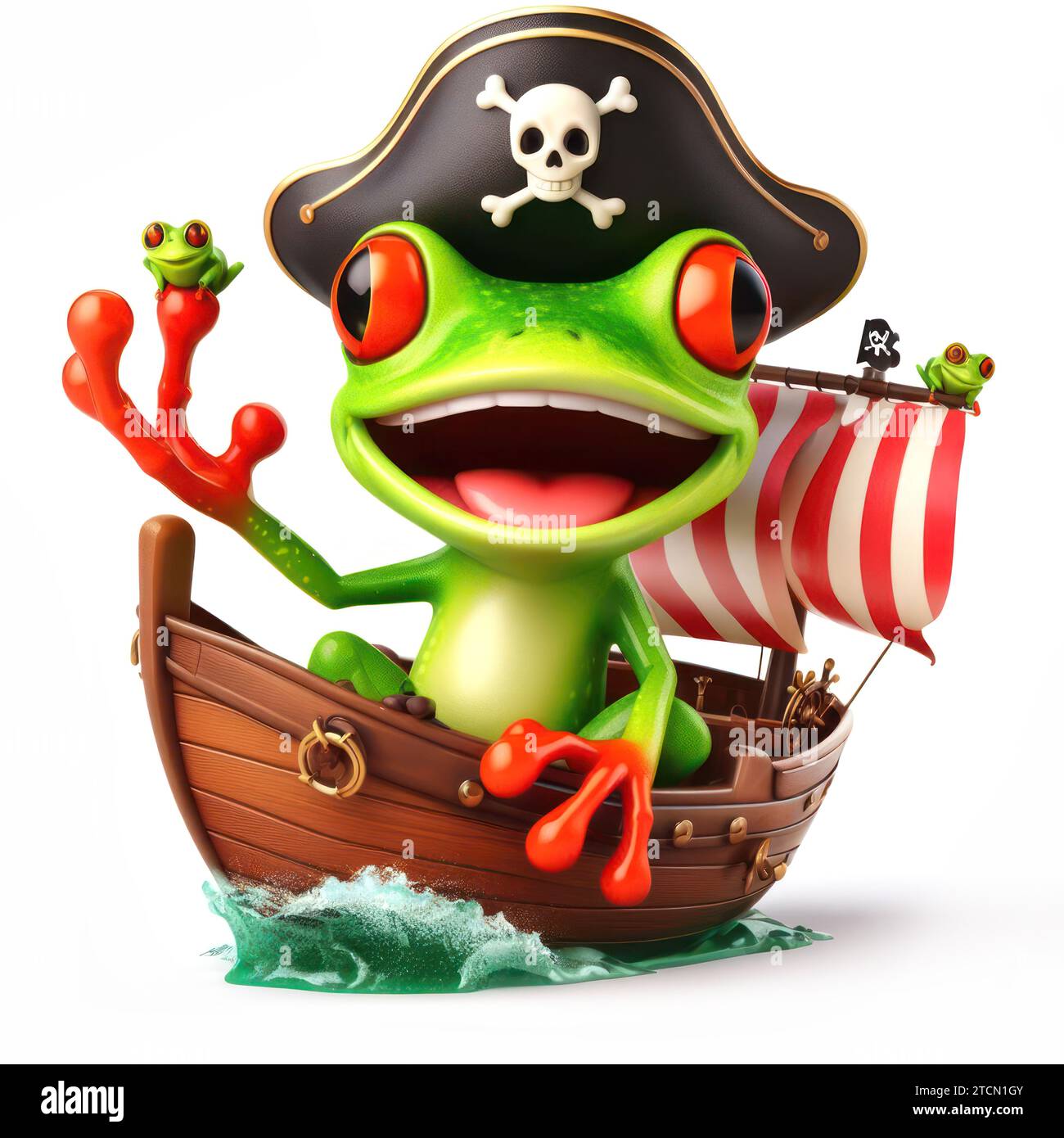 great 3d illustration of a funny red eyed tree frog in a small pirate ...
