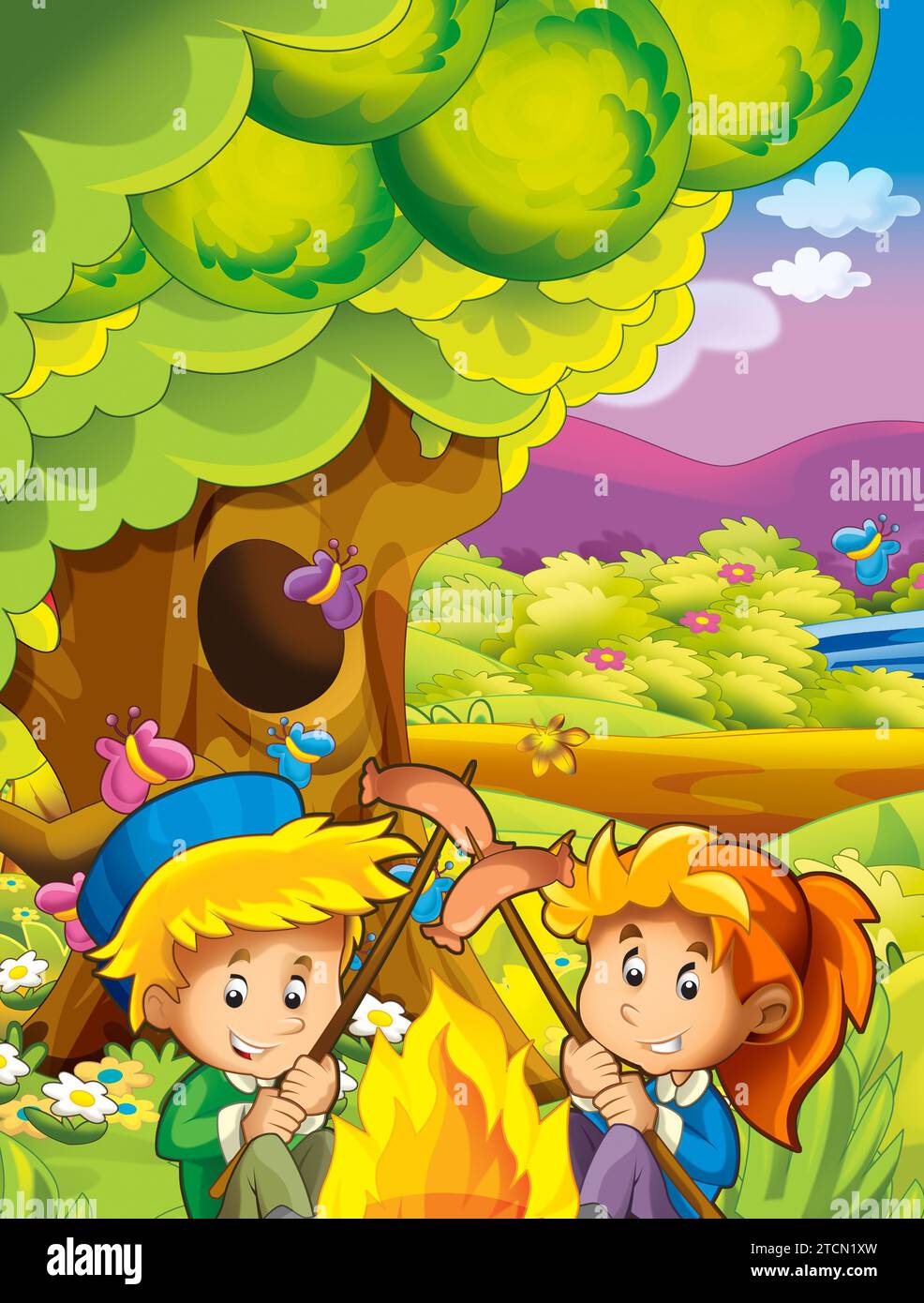 cartoon happy and funny scene with kid in the park having fun ...