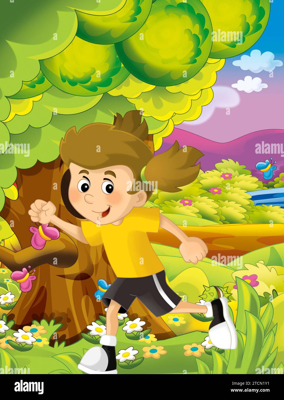 cartoon happy and funny scene with kid in the park having fun ...