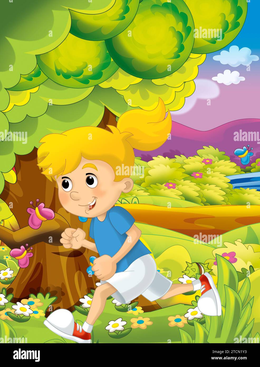 cartoon happy and funny scene with kid in the park having fun ...