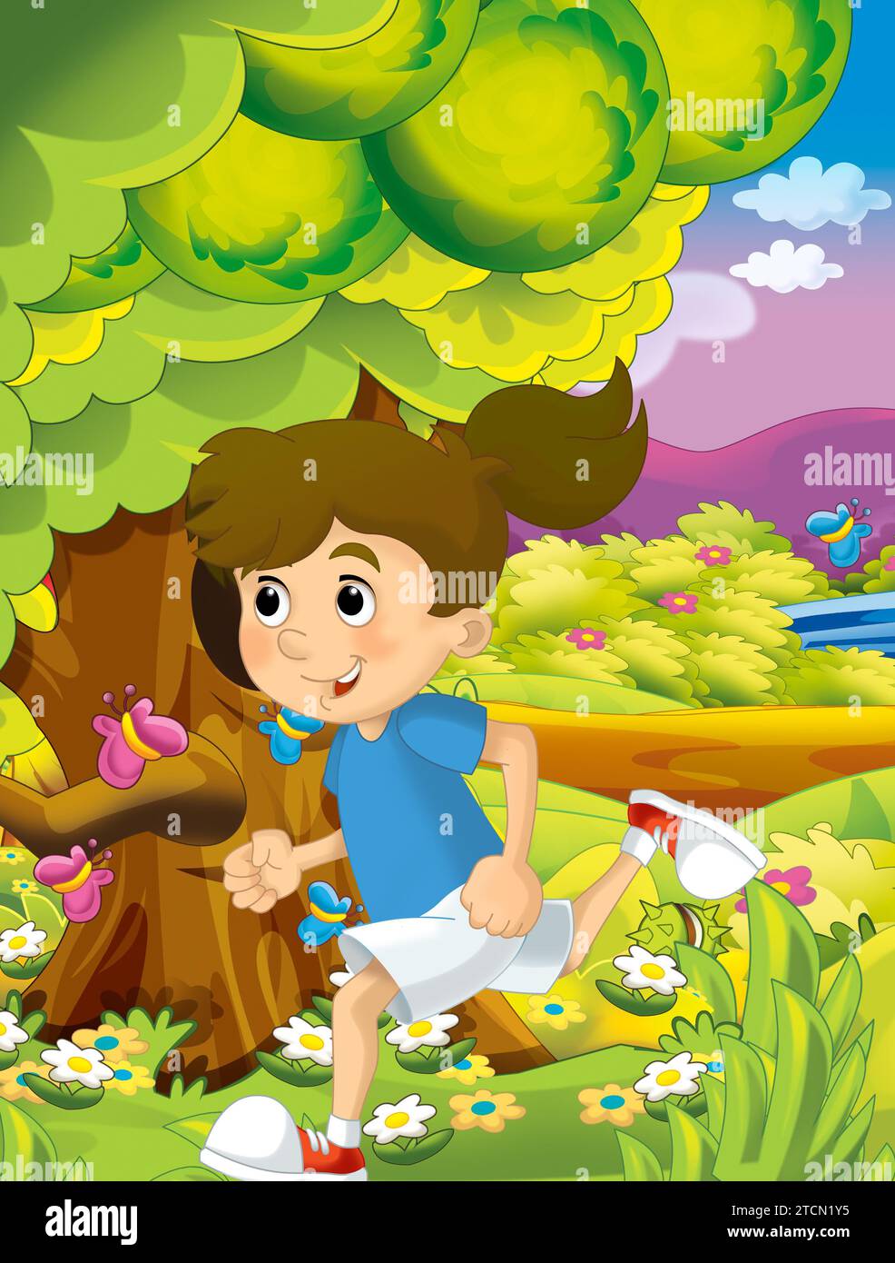 cartoon happy and funny scene with kid in the park having fun ...