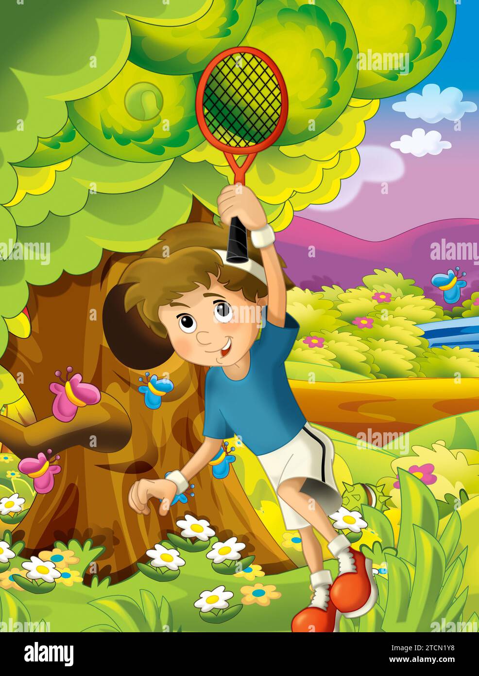 cartoon happy and funny scene with kid in the park having fun ...