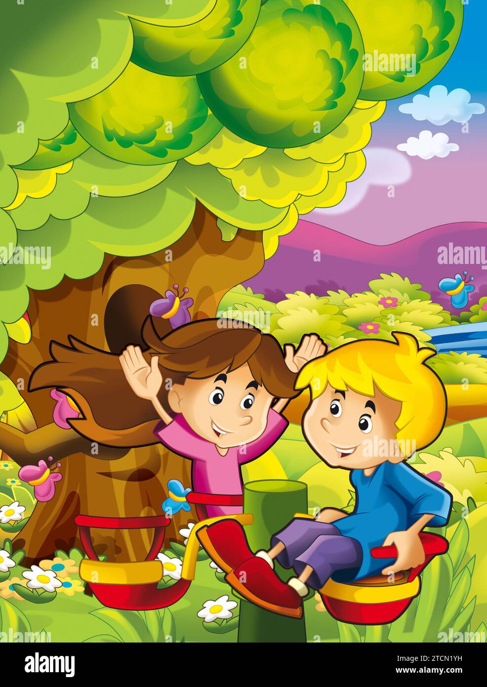 cartoon happy and funny scene with kid in the park having fun ...