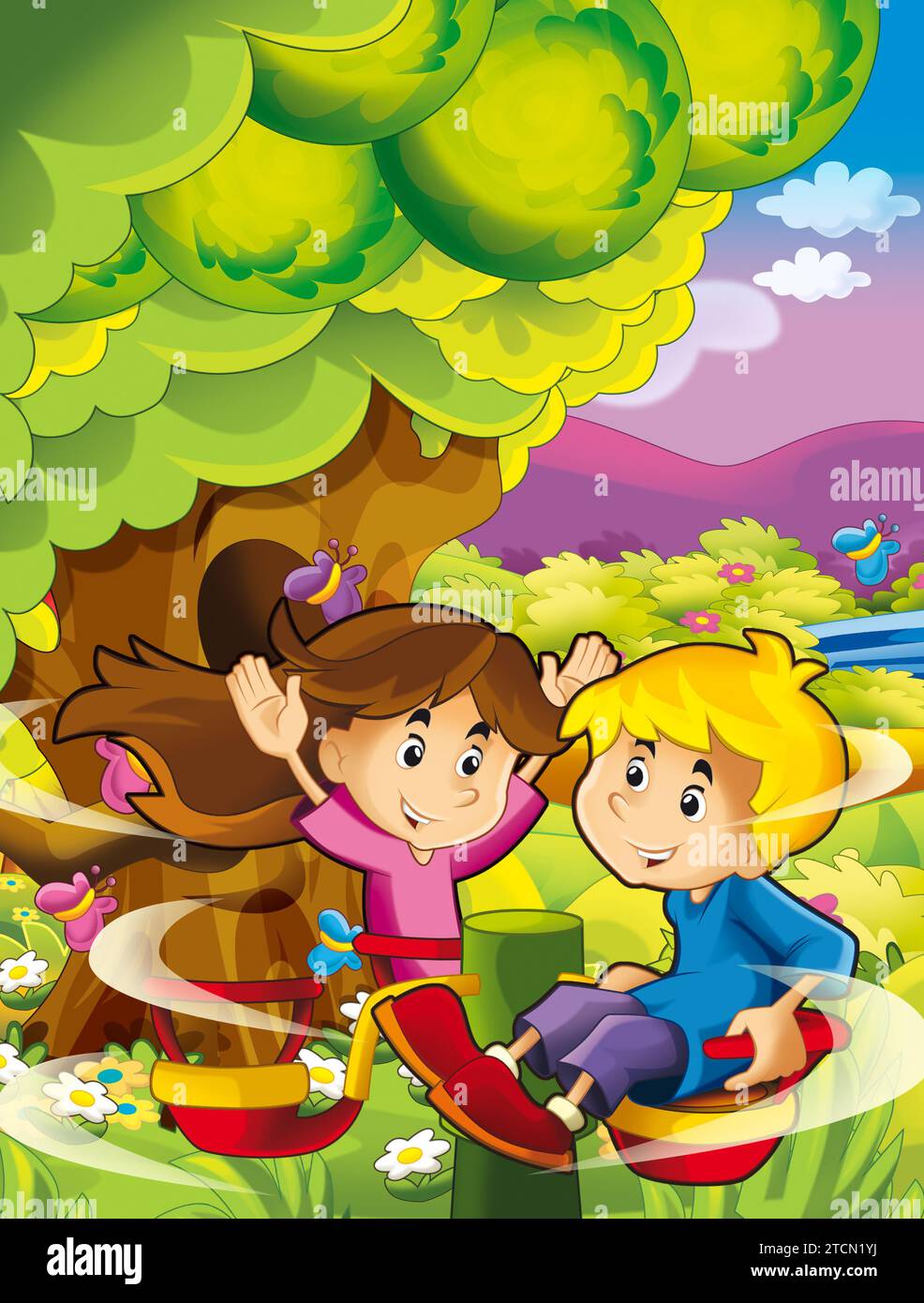 cartoon happy and funny scene with kid in the park having fun ...