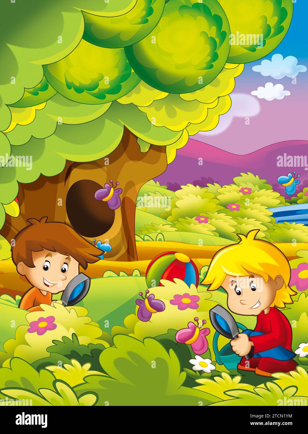 cartoon happy and funny scene with kid in the park having fun ...