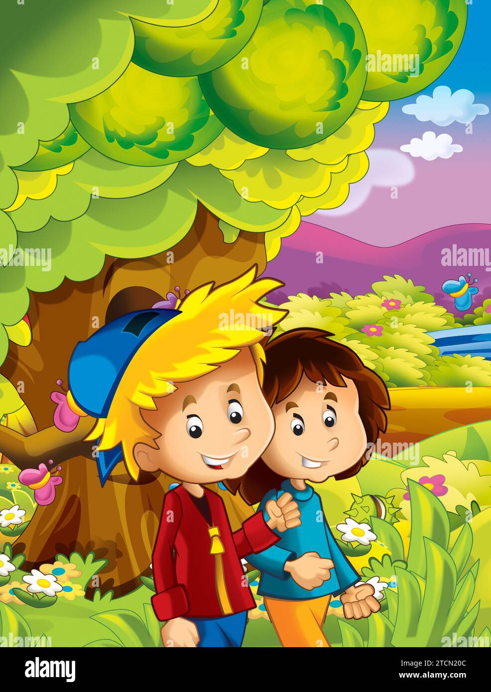 cartoon happy and funny scene with kid in the park having fun ...