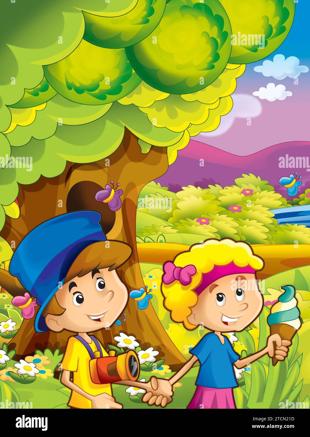 cartoon happy and funny scene with kid in the park having fun ...