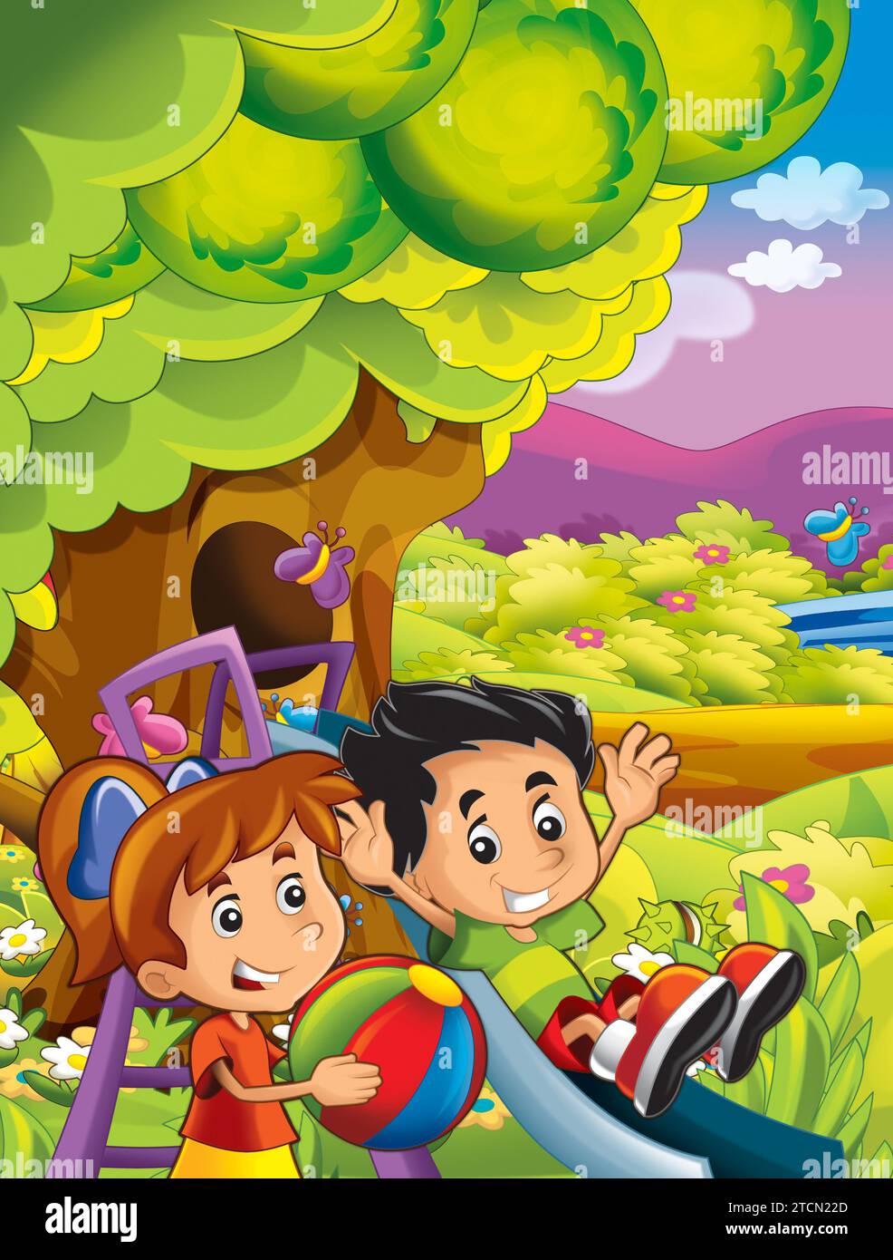 cartoon happy and funny scene with kid in the park having fun ...