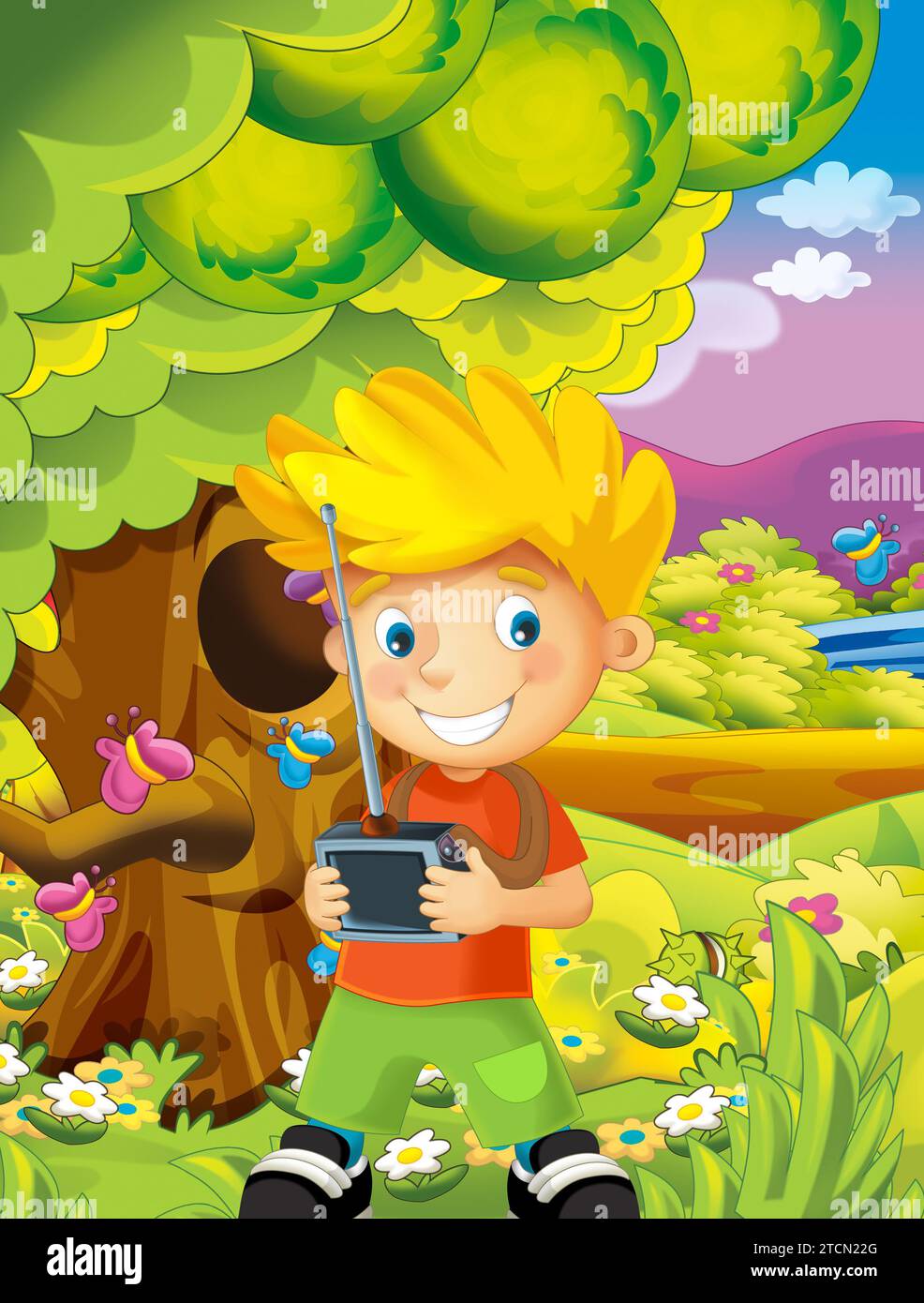 cartoon happy and funny scene with kid in the park having fun ...