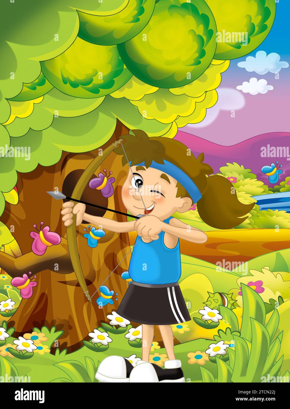 cartoon happy and funny scene with kid in the park having fun ...
