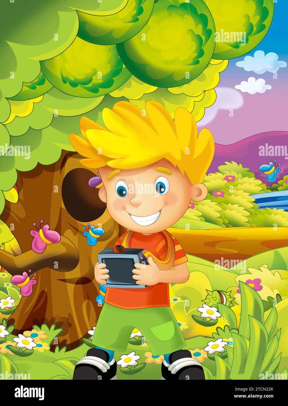 cartoon happy and funny scene with kid in the park having fun ...