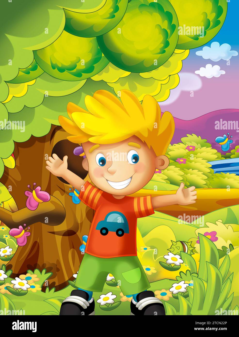 cartoon happy and funny scene with kid in the park having fun ...