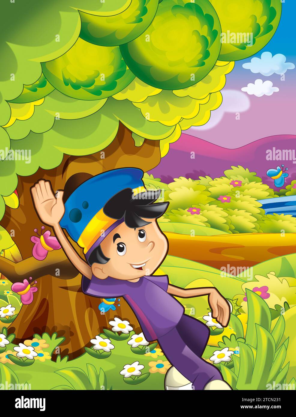 cartoon happy and funny scene with kid in the park having fun ...