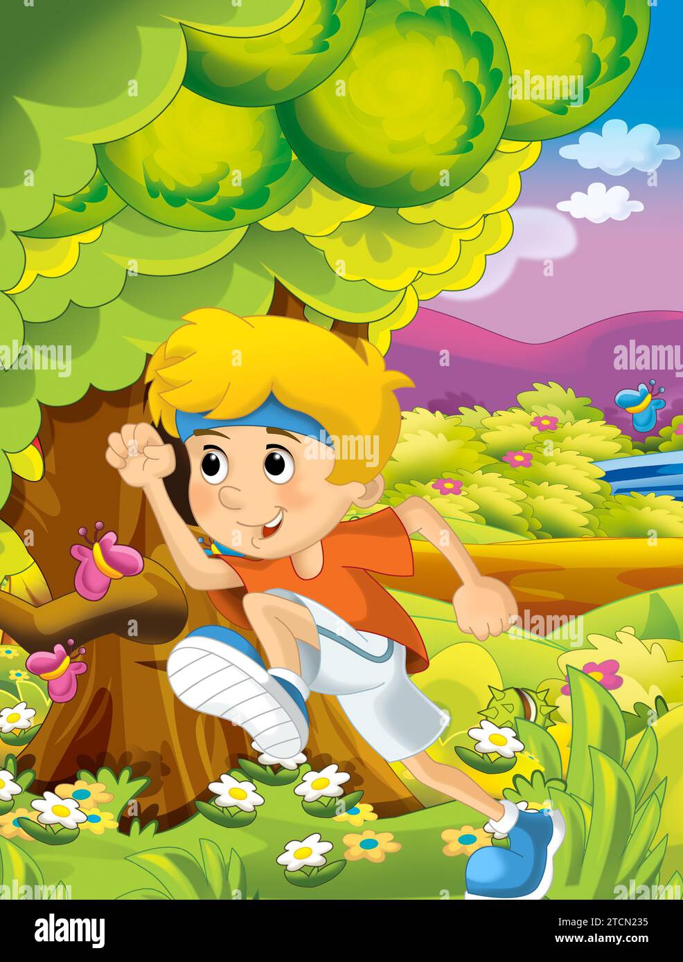 cartoon happy and funny scene with kid in the park having fun ...