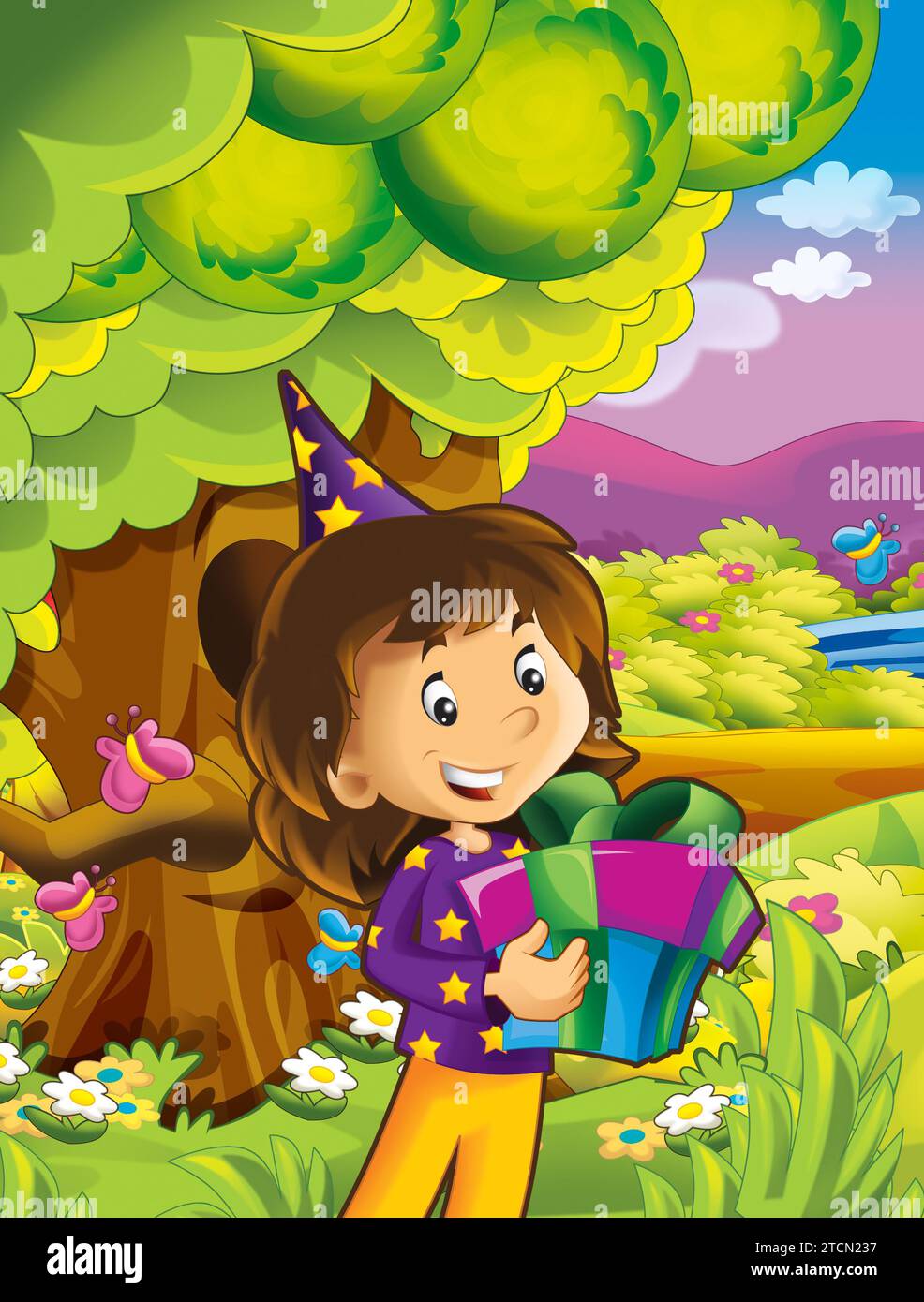 cartoon happy and funny scene with kid in the park having fun ...