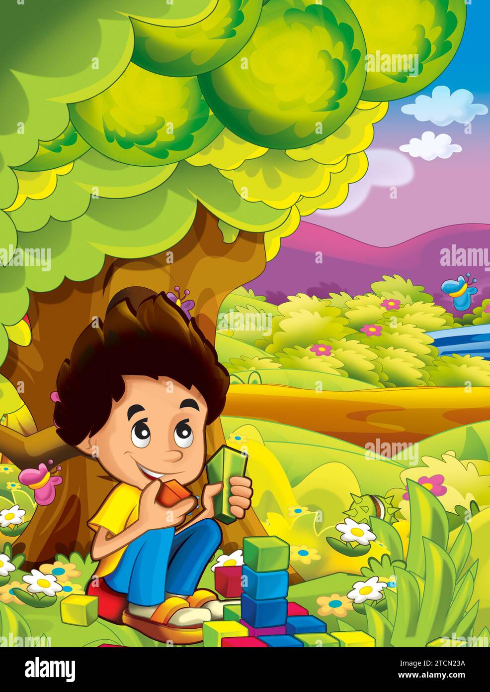 cartoon happy and funny scene with kid in the park having fun ...
