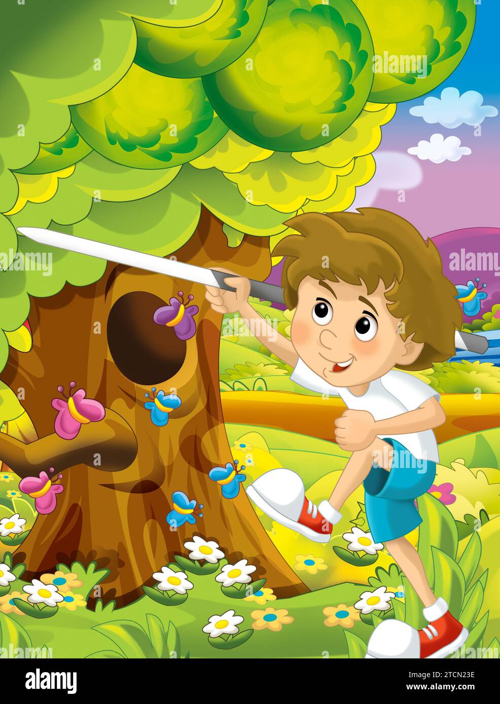 cartoon happy and funny scene with kid in the park having fun ...