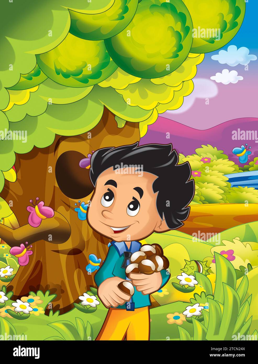 cartoon happy and funny scene with kid in the park having fun ...