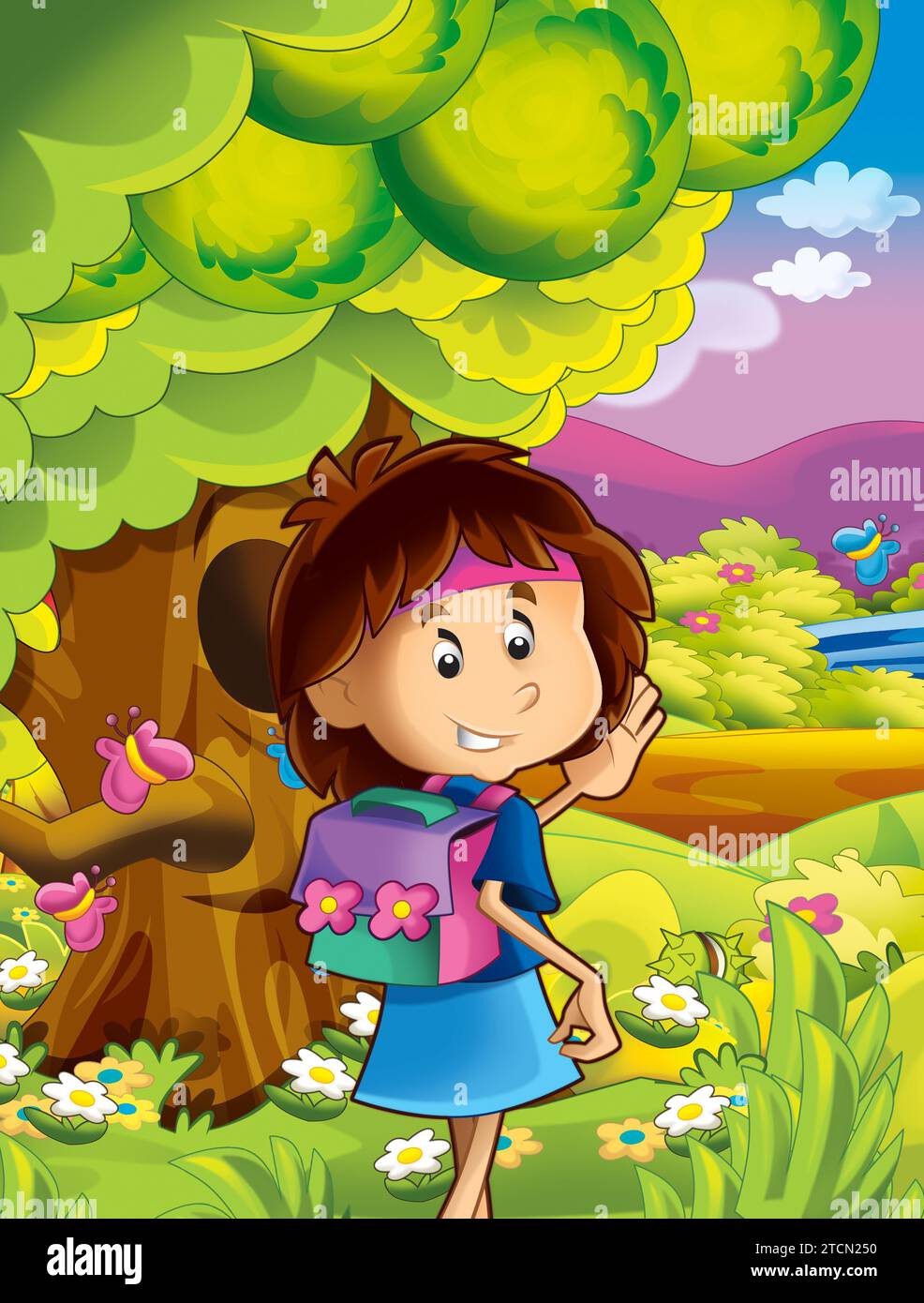 cartoon happy and funny scene with kid in the park having fun ...