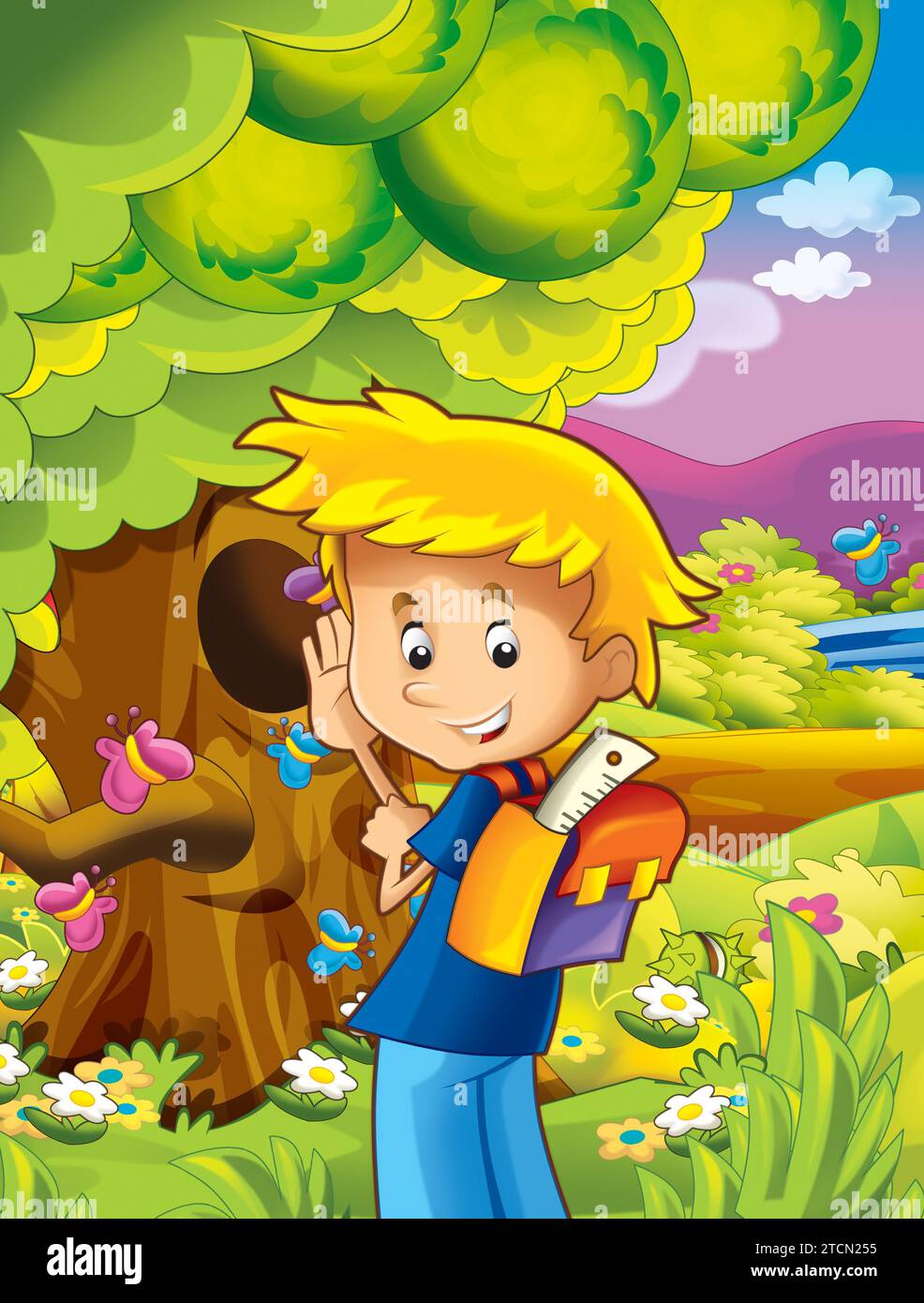 cartoon happy and funny scene with kid in the park having fun ...