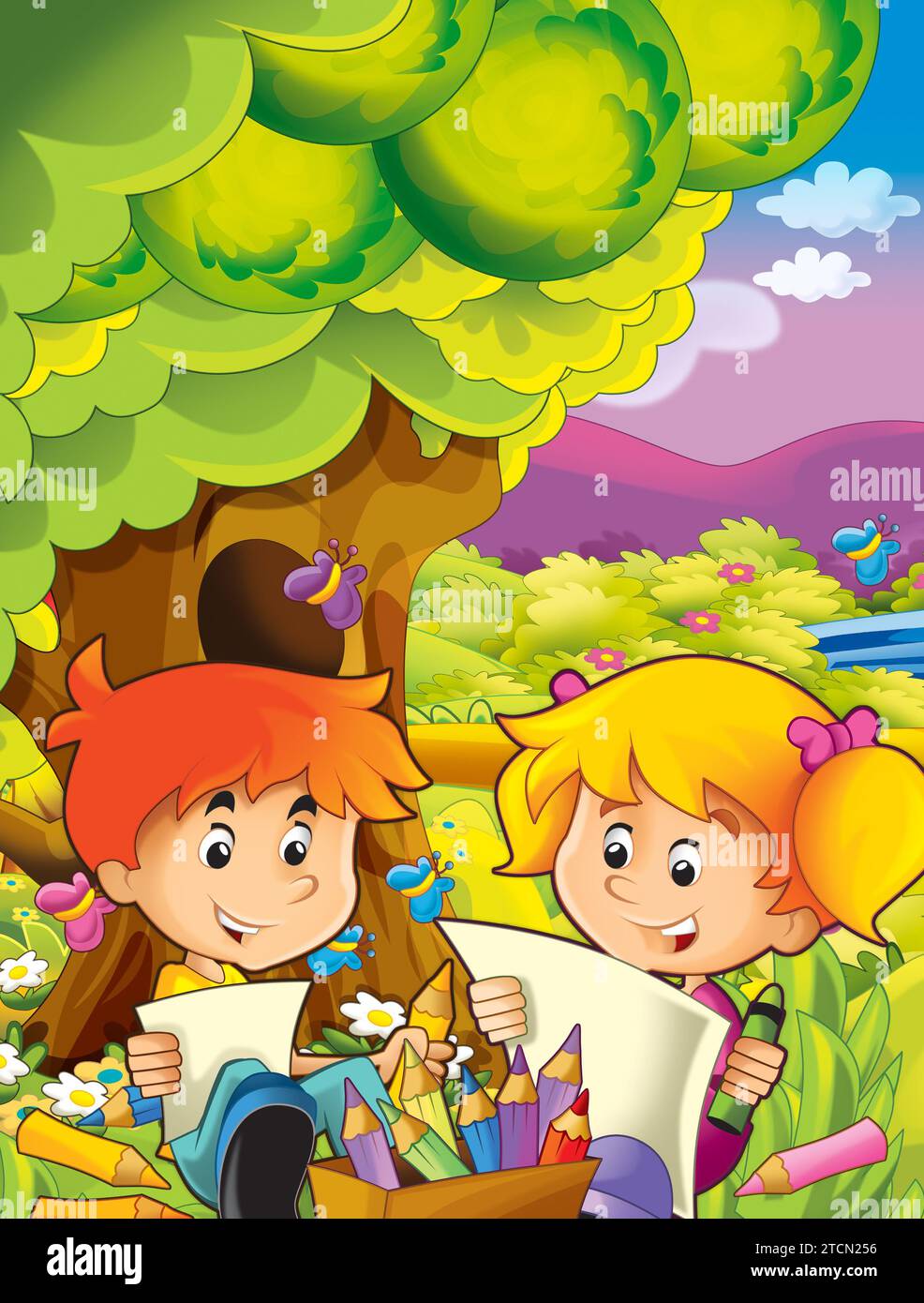 cartoon happy and funny scene with kid in the park having fun ...