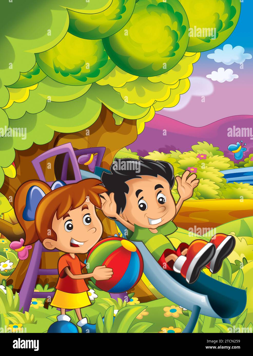 cartoon happy and funny scene with kid in the park having fun ...