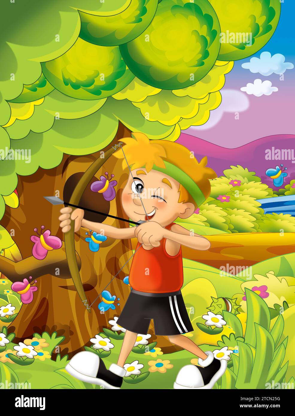 cartoon happy and funny scene with kid in the park having fun ...
