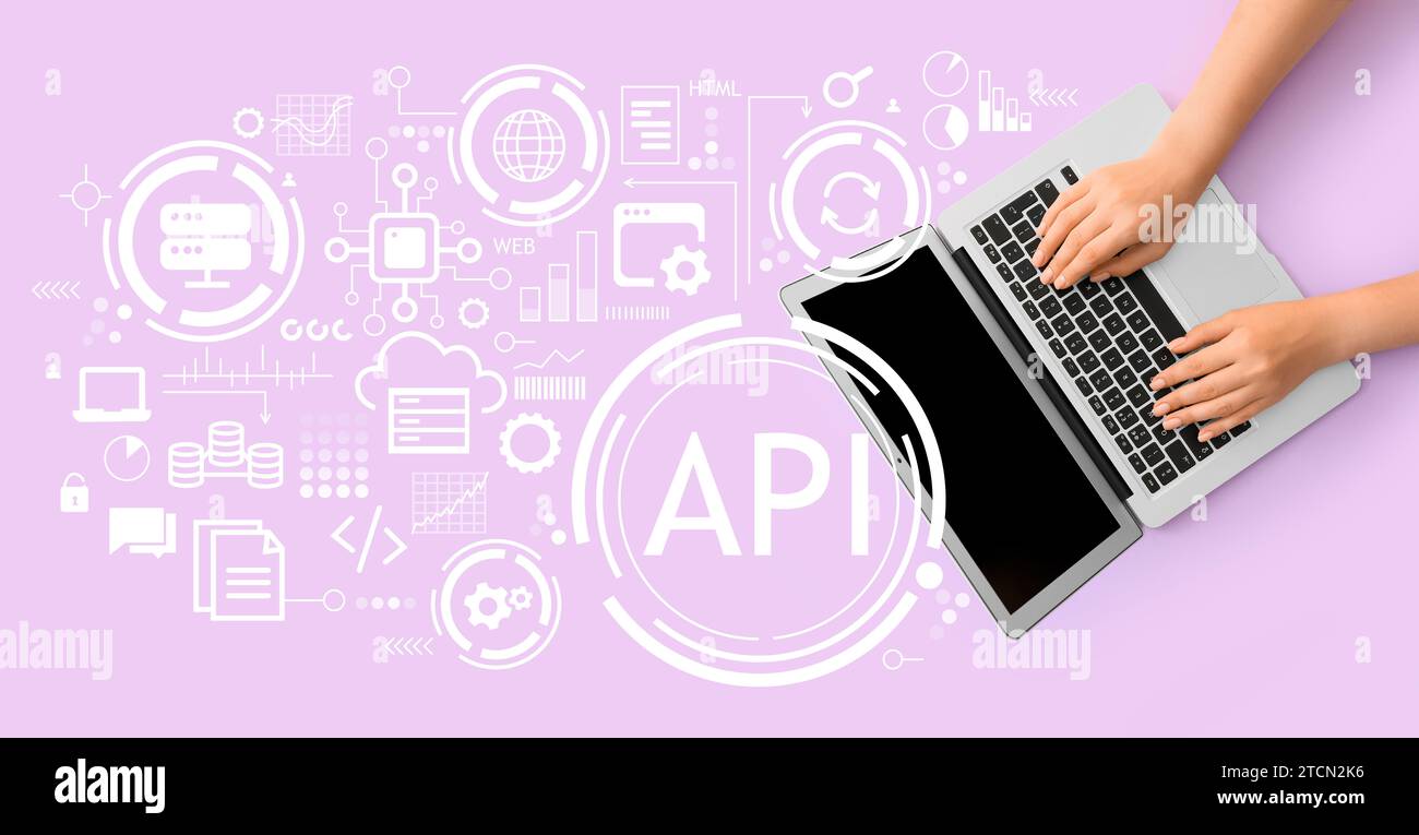 Female hands with laptop and virtual screen with abbreviation API on ...