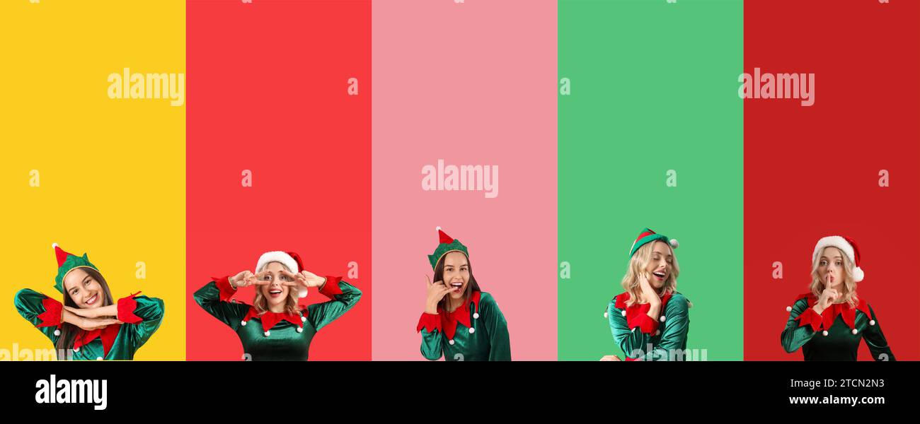 Collage of young women dressed as Christmas elves on color background ...
