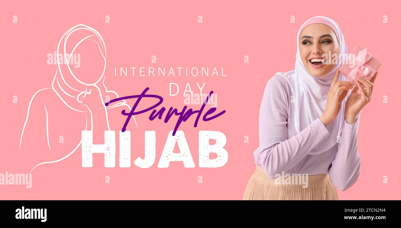Banner for International Day of Purple Hijab with happy Muslim woman on ...