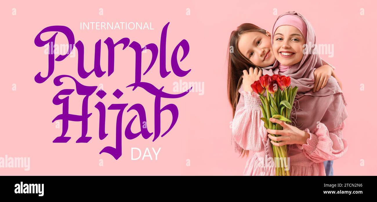 Banner for International Day of Purple Hijab with happy Muslim woman ...