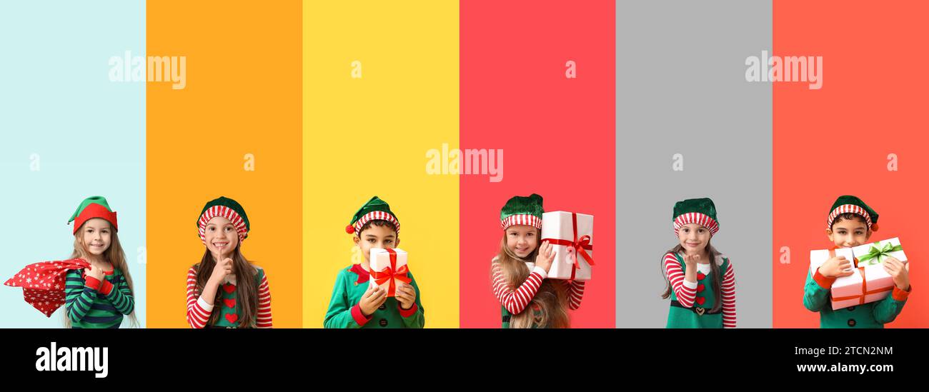 Collage of little children dressed as Christmas elves on color ...