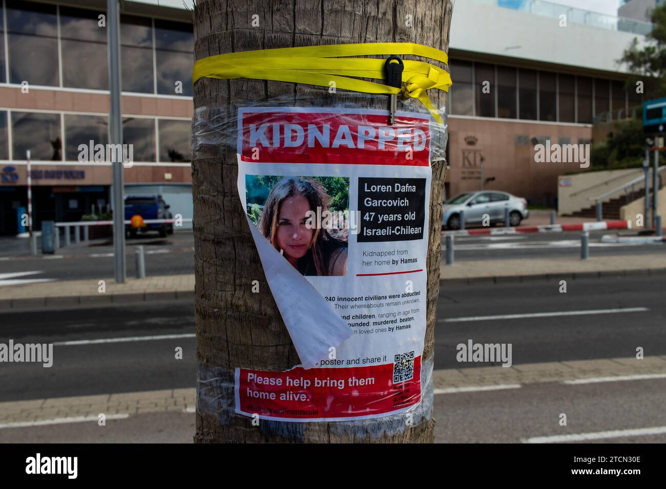 Tel Aviv, Israel - December 13, 2023 Posters of the face of the ...