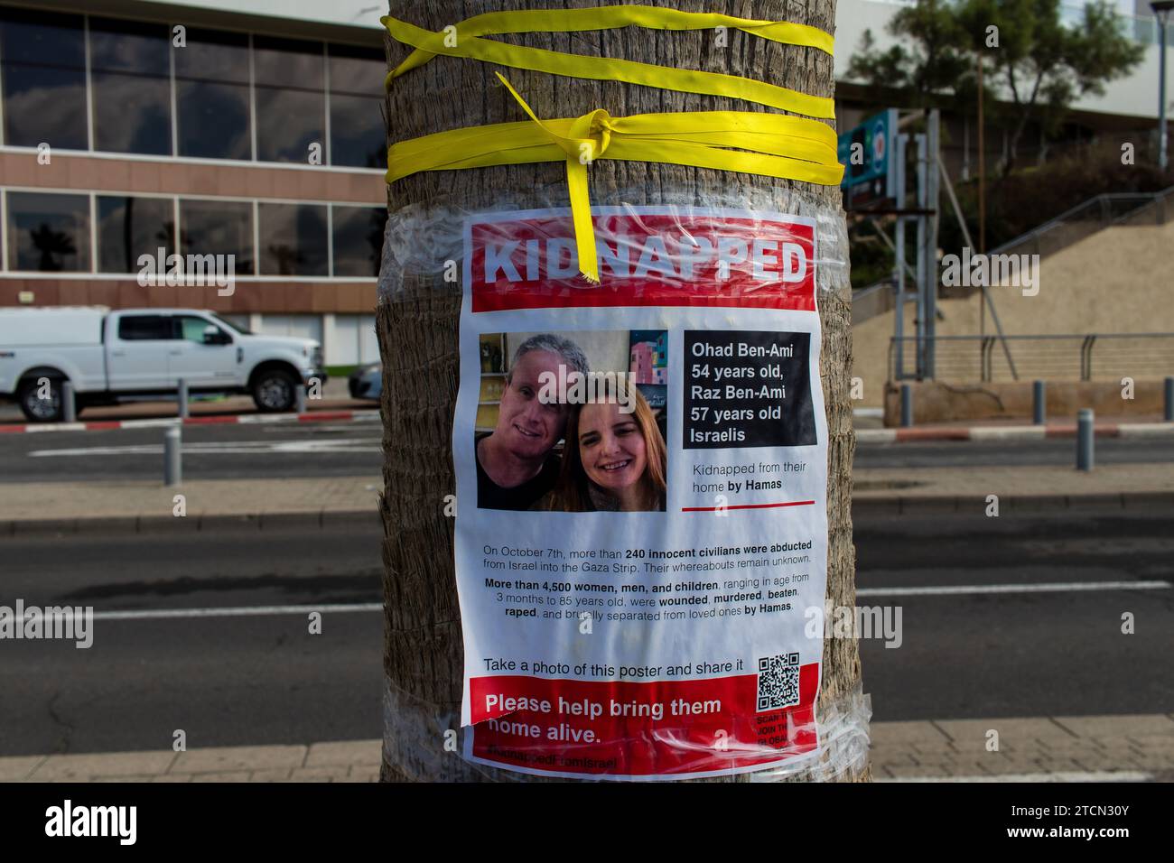 Tel Aviv, Israel - December 13, 2023 Posters of the face of the ...