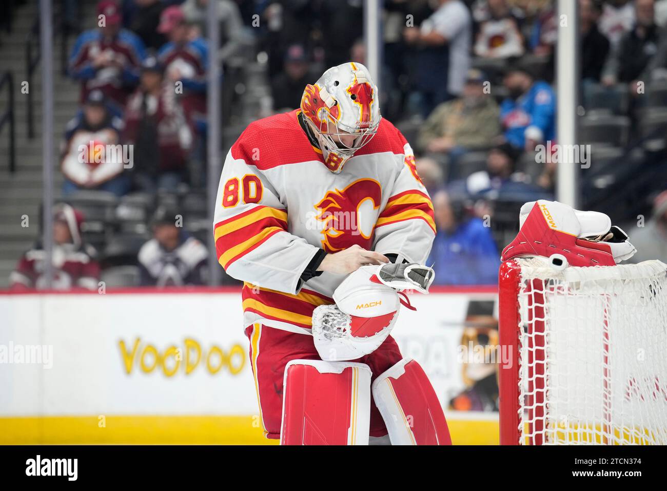 Calgary Flames goaltender Dan Vladar (80) in the third period of an NHL ...