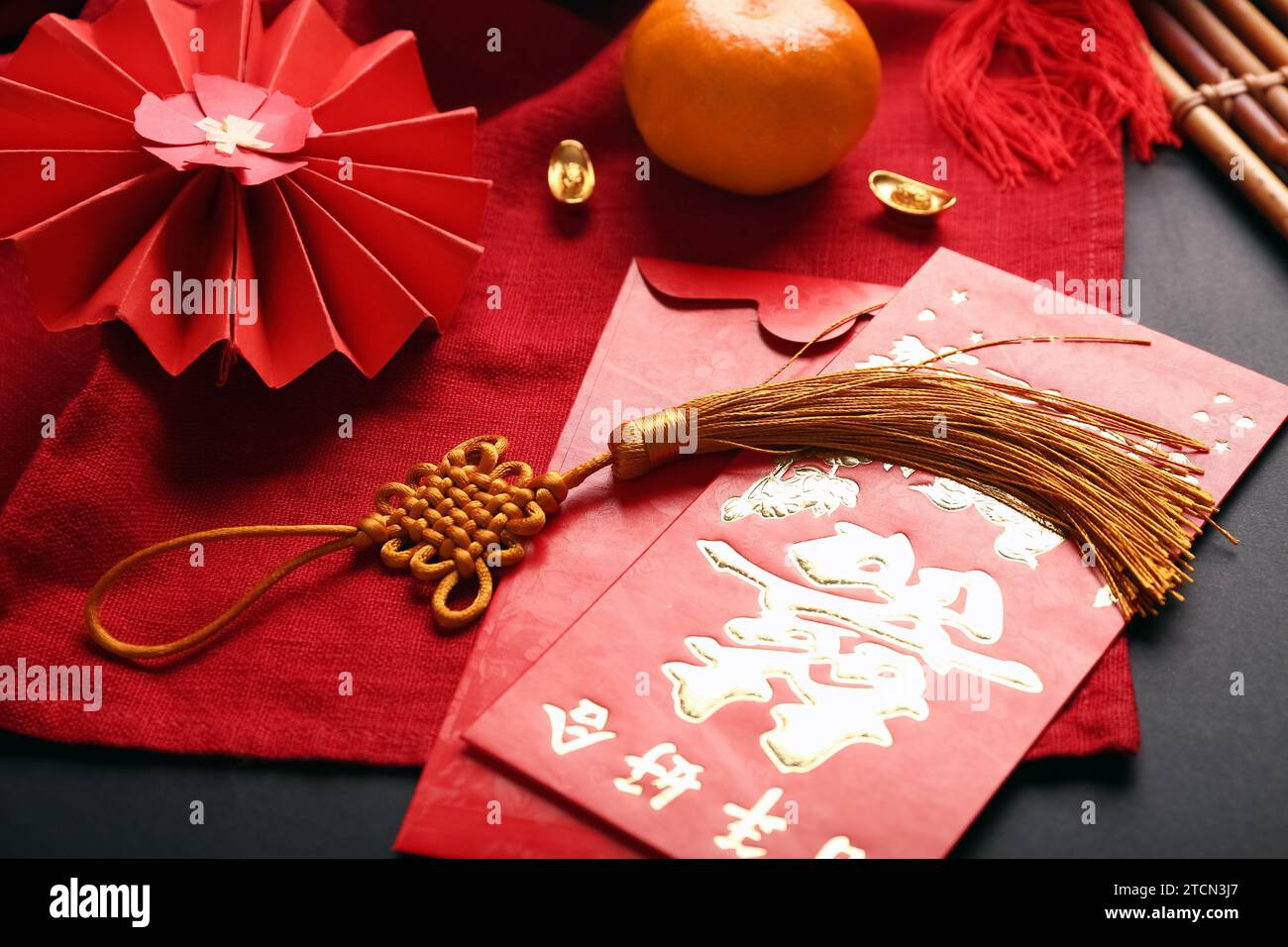 Envelopes with mandarin and oriental symbols on black background. New ...