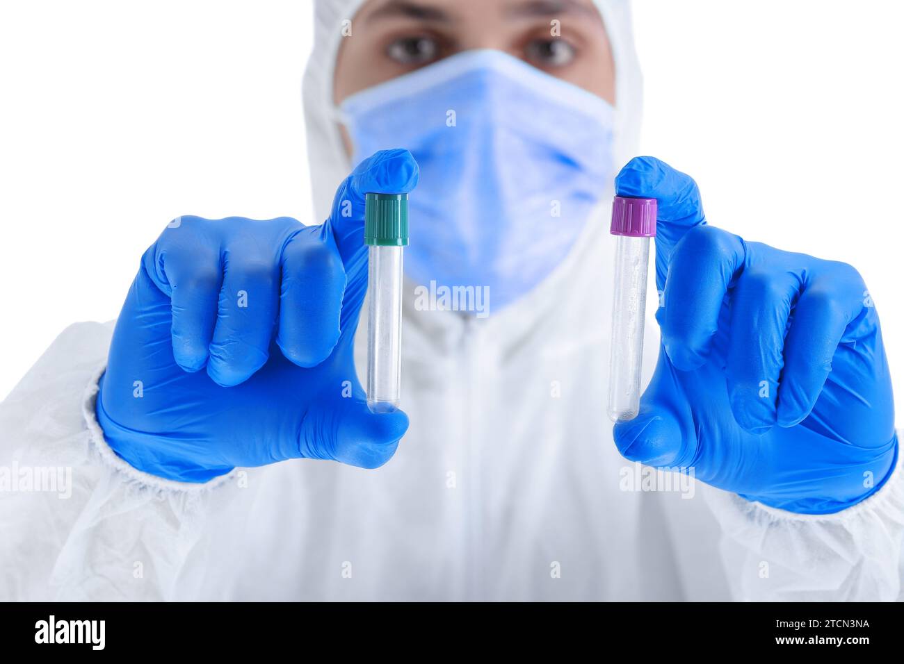 Male scientist with test tubes on white background, closeup Stock Photo ...