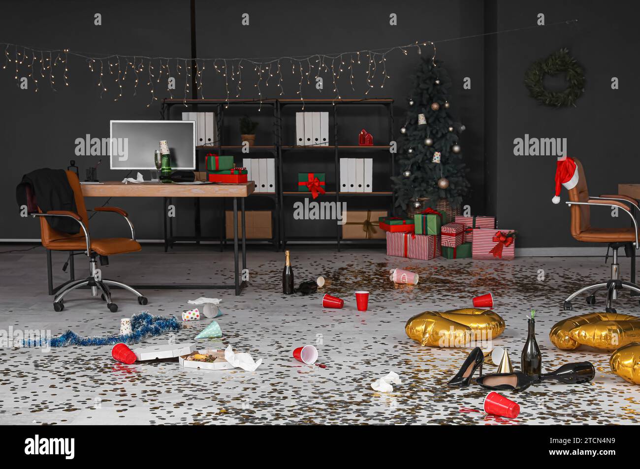 Interior of messy office with workplace after New Year party Stock ...