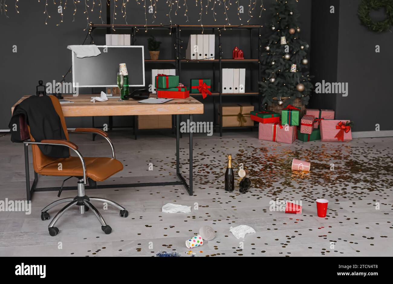 Interior of messy office with workplace after New Year party Stock ...
