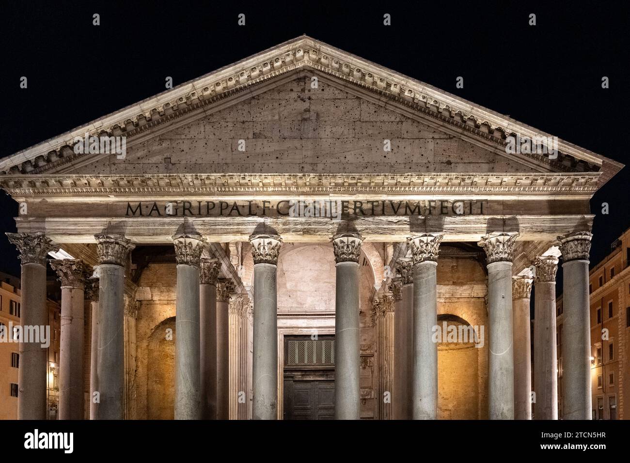 Facade of Pantheon building in Rome, Italy at night. Front of the ...